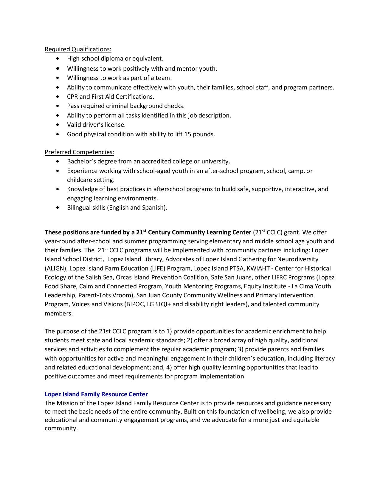 The After-school Program is Hiring! - Lopez Island Family Resource Center